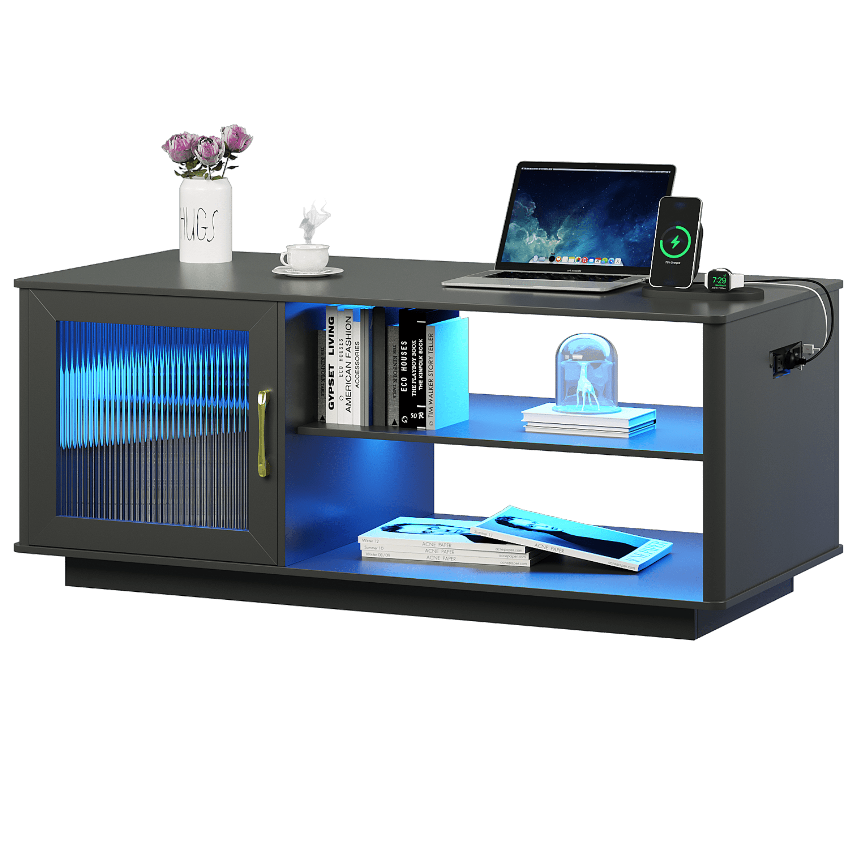 LED Coffee table with locker, open display stand, modern center table ...