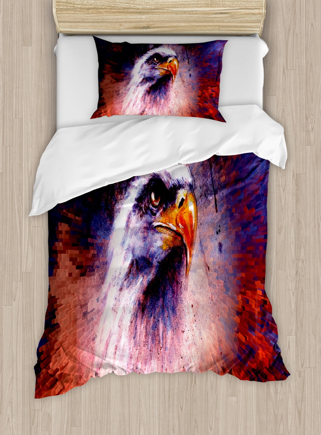 Eagle Twin Size Duvet Cover Set, Aggressive Animal on Abstract Backdrop ...