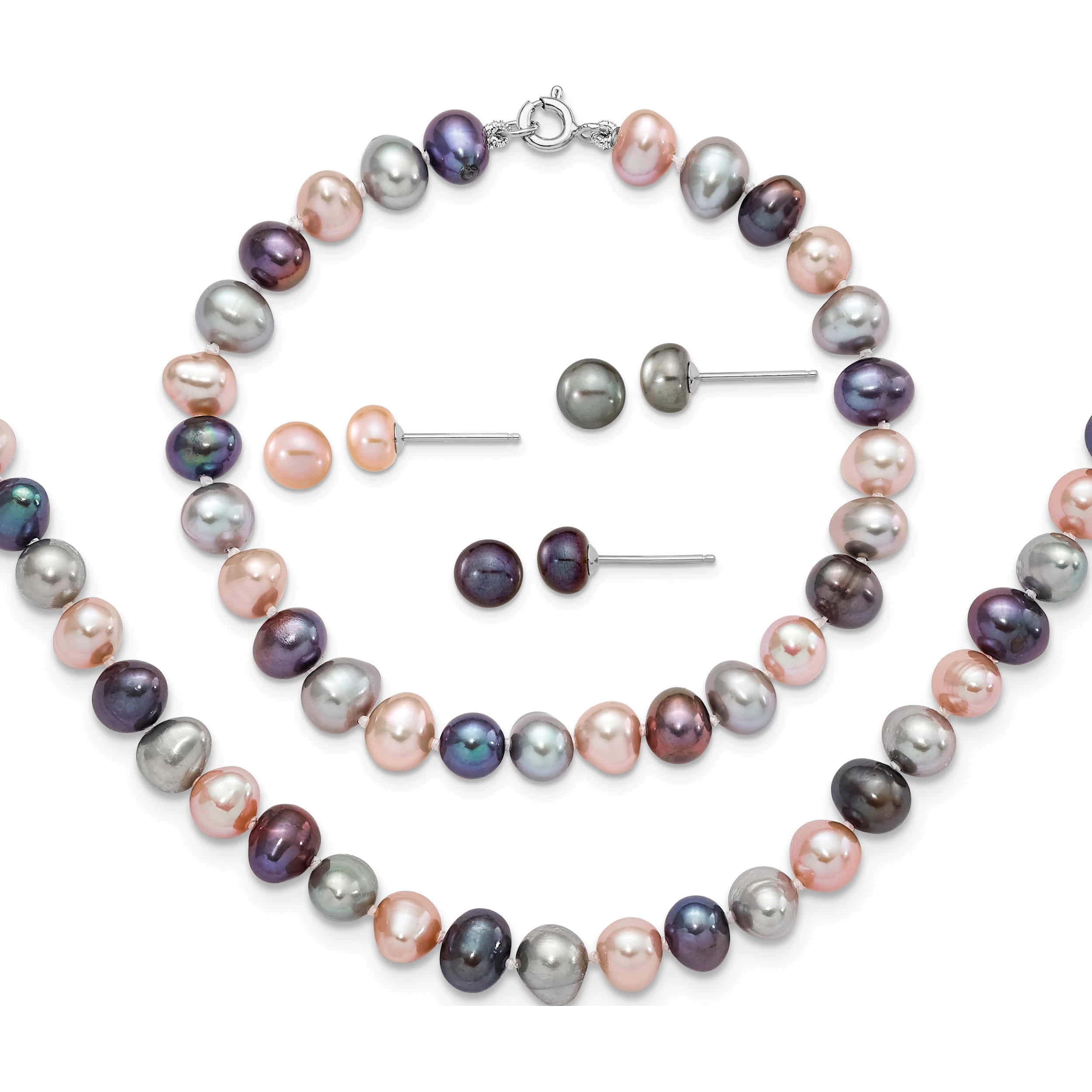 Sterling Silver Rh-P 6-7mm Bla/Pi/G Fwc Pearl Necklace 7.25 Brace & 3Pc ...
