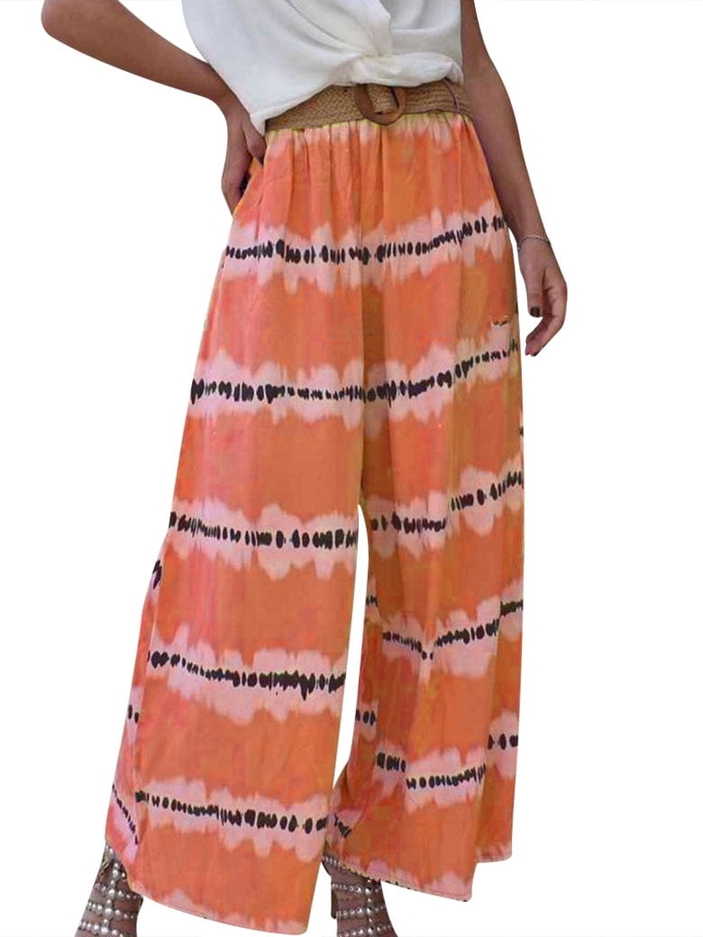 Twzh Women Tie Dye Striped Elastic Waistband Wide Legged Pants