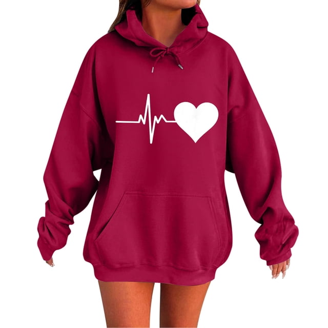 Women's Hooded Sweatshirt, Printed Long Sleeve Top with Heart Design ...