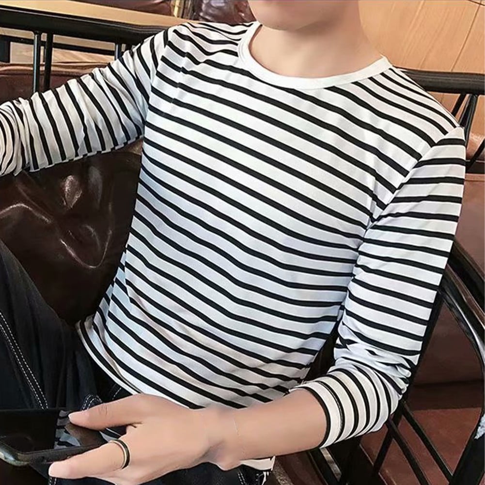 Men Round Neck Shirts Long Sleeve Stripe T-Shirt Casual Undershirts ...