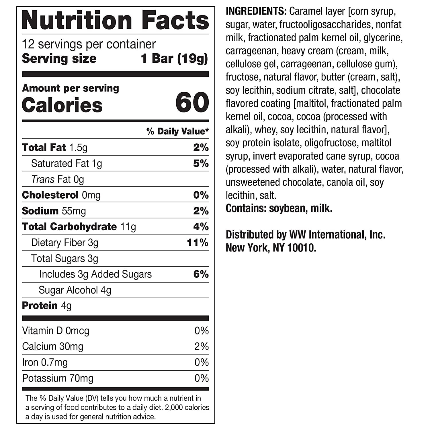 WW Chocolate Caramel Mini Bar – Snack Bar, 2 SmartPoints – 1 Box (12 ...