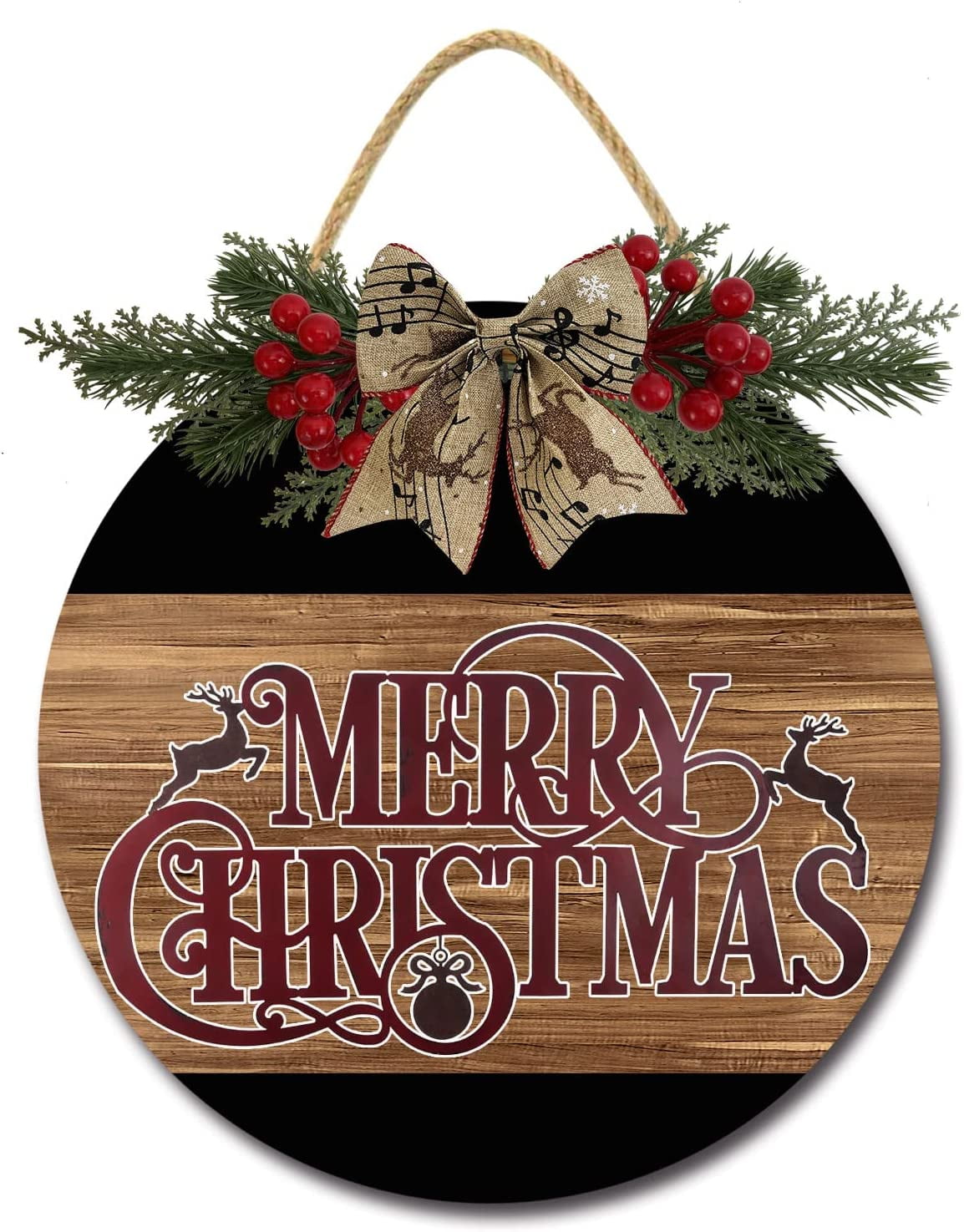 Eveokoki 12" Christmas Wreaths Decor Sign Front Door, Round Wood ...