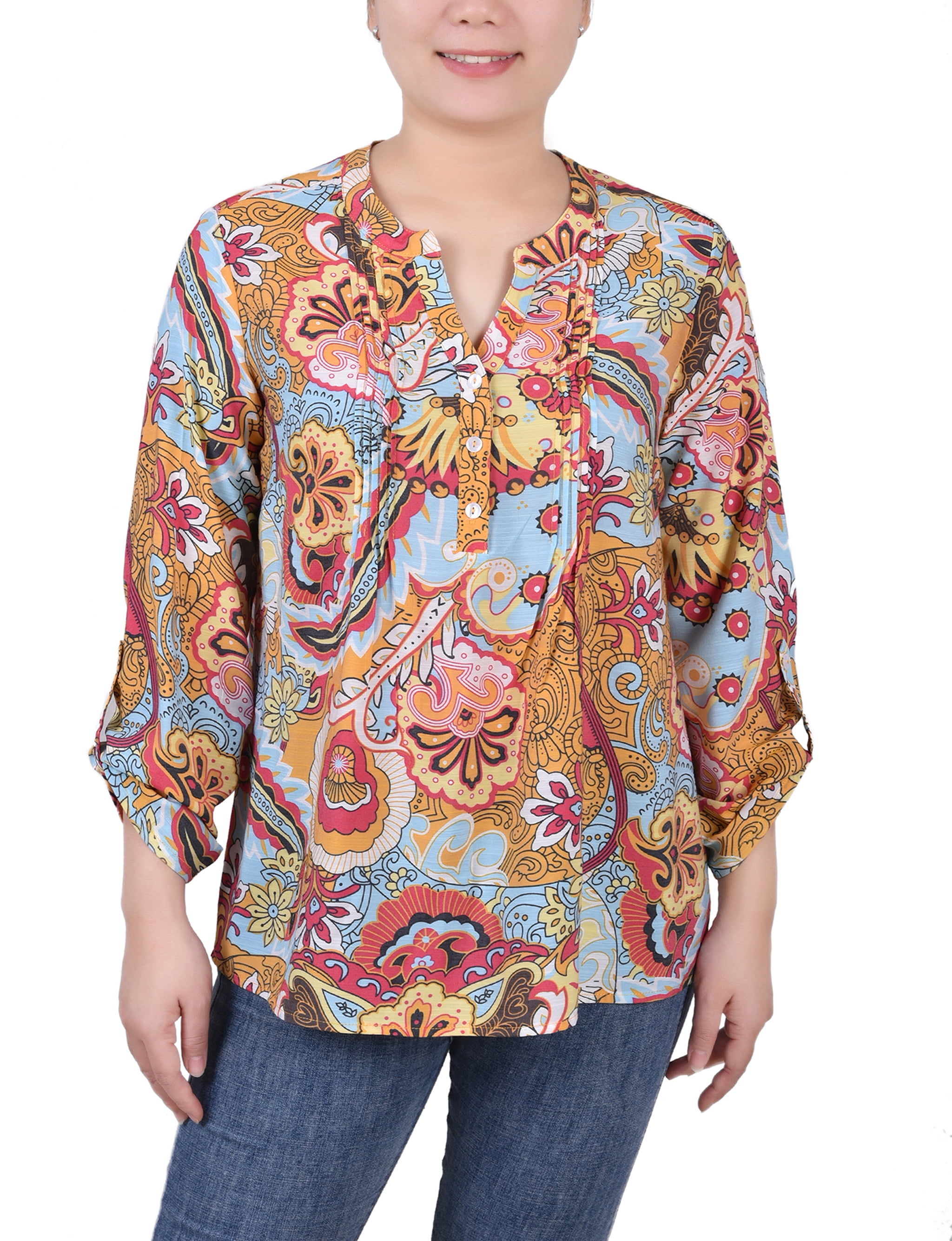 NY Collection Women's Long Roll Tab Sleeve Pintuck Front Blouse ...