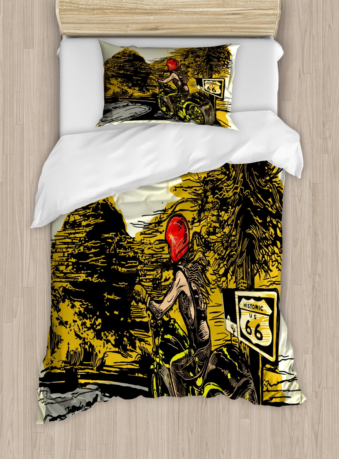 Motorcycle Duvet Cover Set Twin Size, Girl on a Chopper Freehand ...
