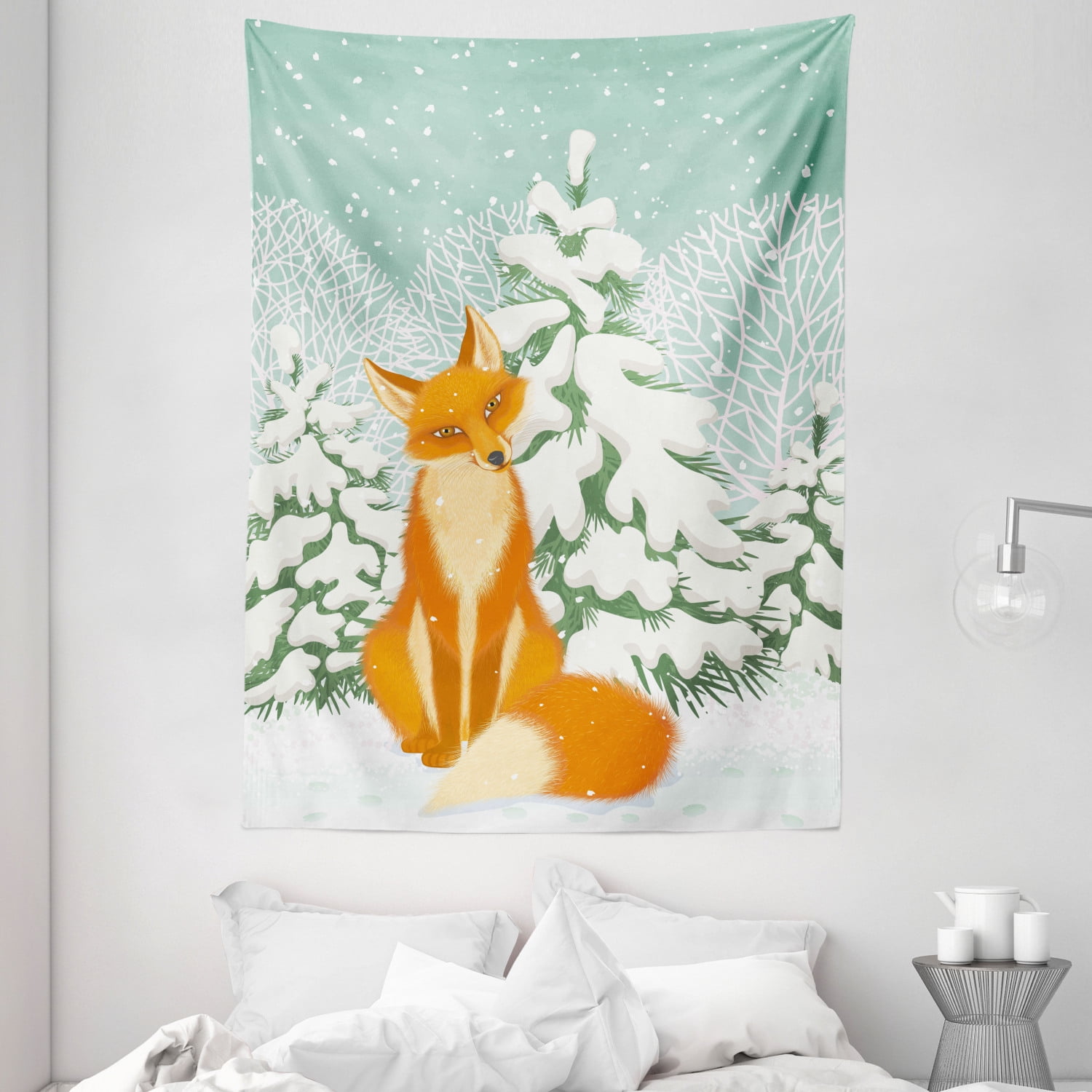 Fox Tapestry, Red Fox Sitting in Winter Forest Snow Covered Pine Trees ...