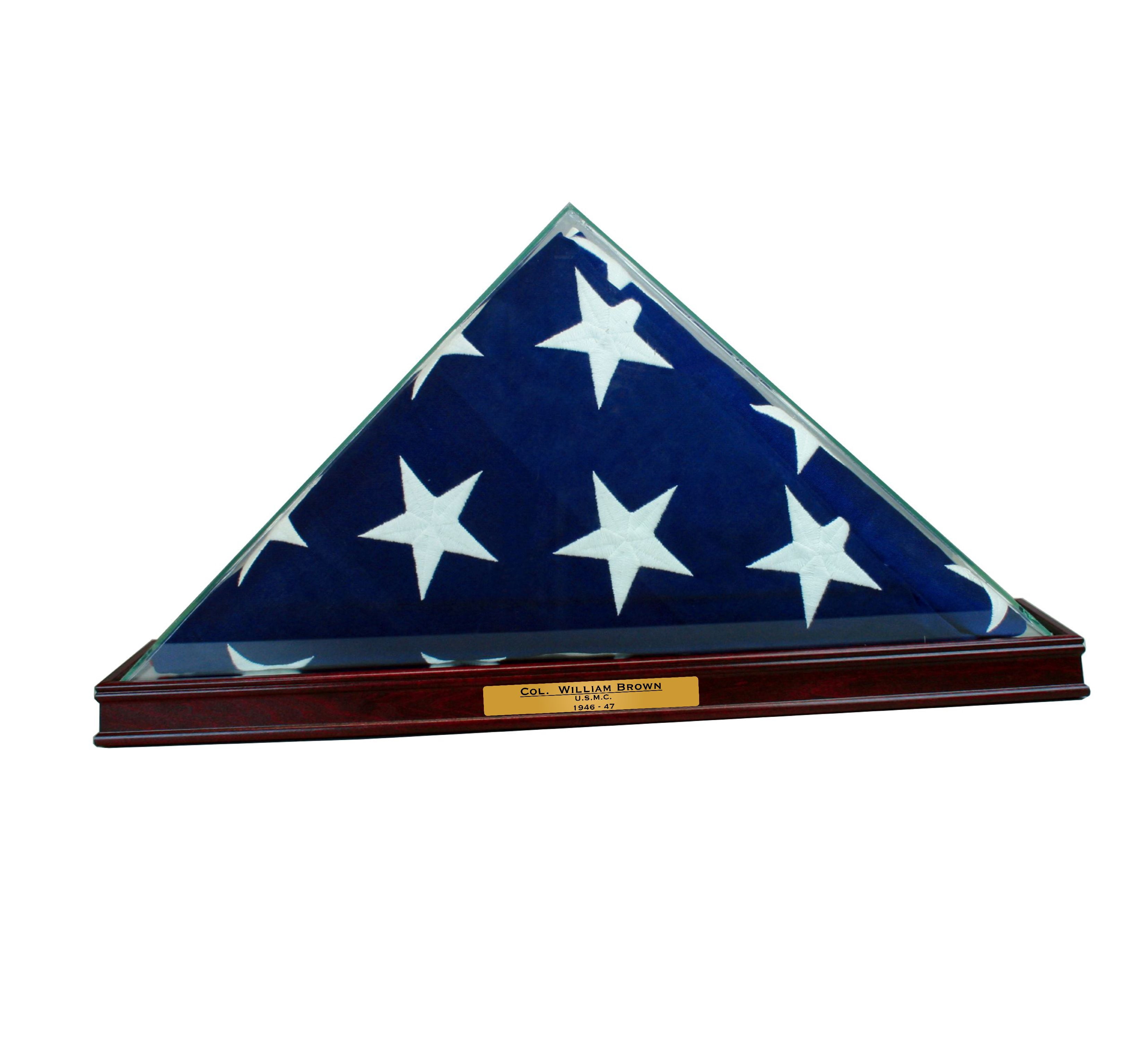 All Glass Flag Display Case for 9.5' X 5' Flag with Engraving (Cherry ...
