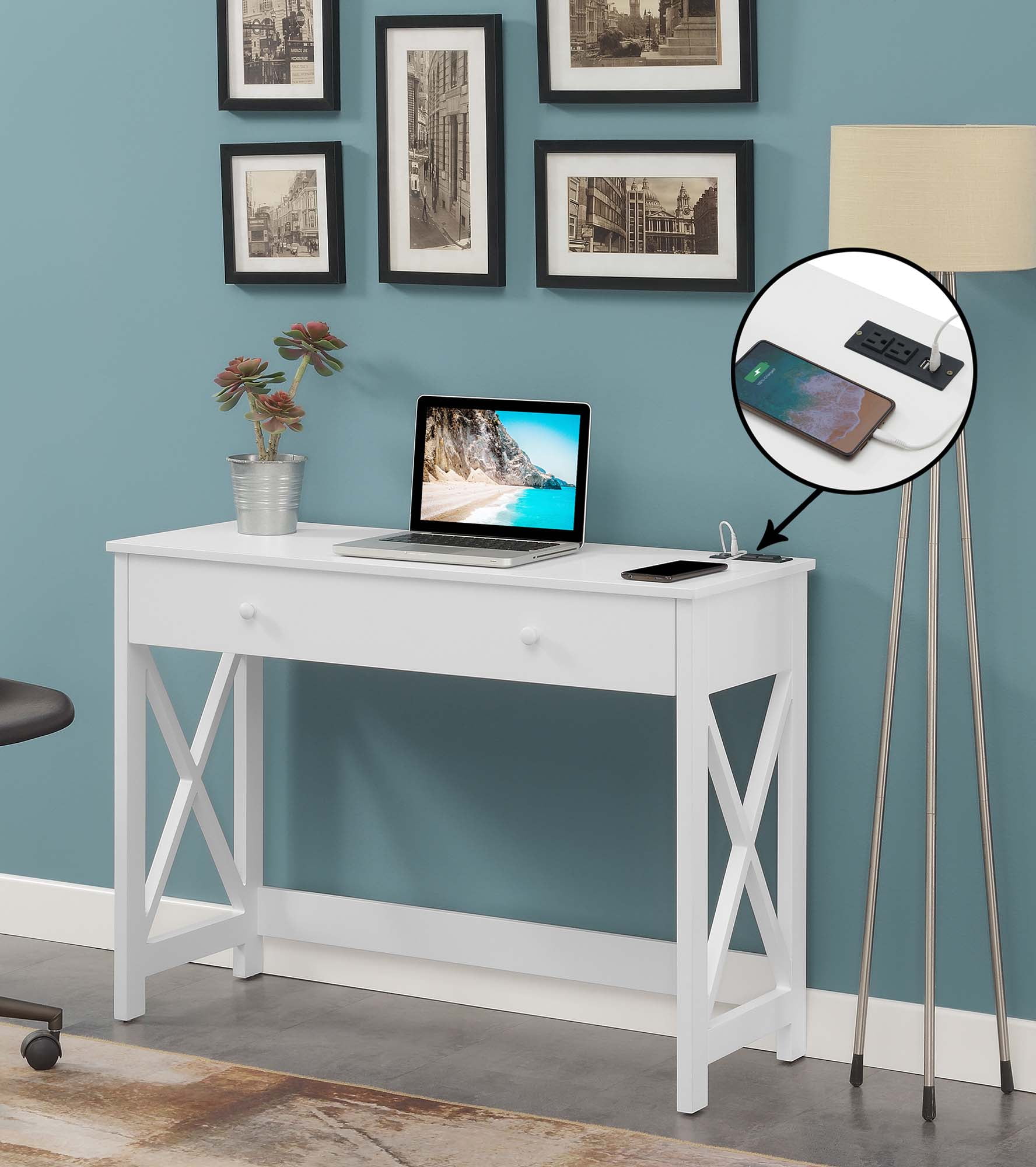 Convenience Concepts Oxford 1 Drawer 42 inch Desk with Charging Station ...