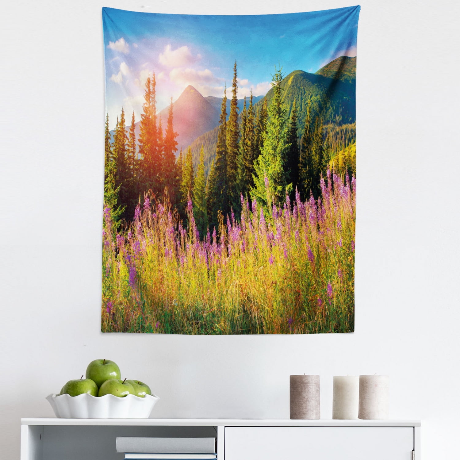 Nature Tapestry, Fall Scenery Picture in Mountains Flowers Alpine Trees ...