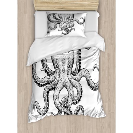 Octopus Twin Size Duvet Cover Set, Classic Drawn Ink Illustration Wild ...