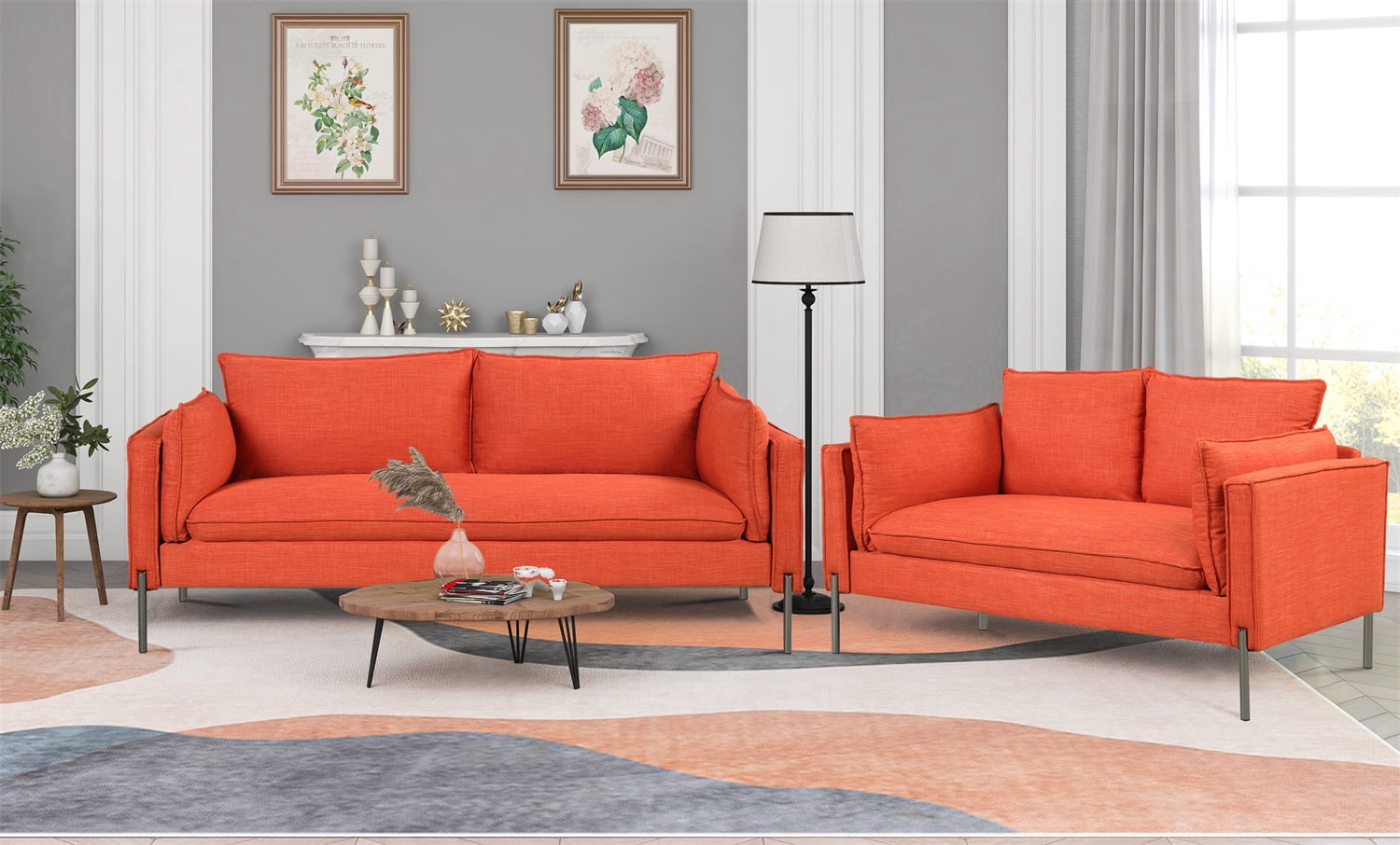 2 Pieces Sofa Sets, Modern Linen Fabric Upholstered Loveseat and 3 Seat ...