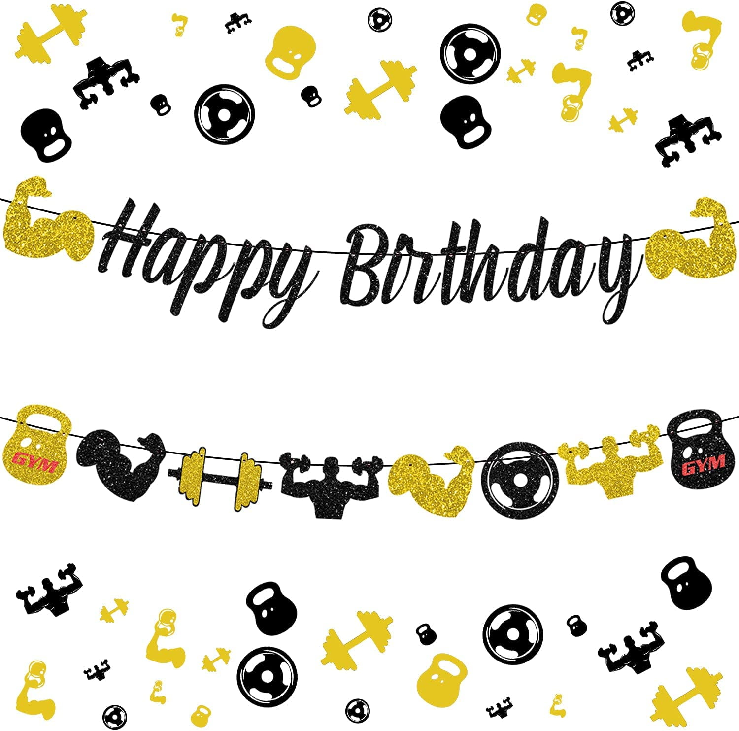 Gym Happy Birthday Banner Glitter Black and Gold Fitness Themed ...