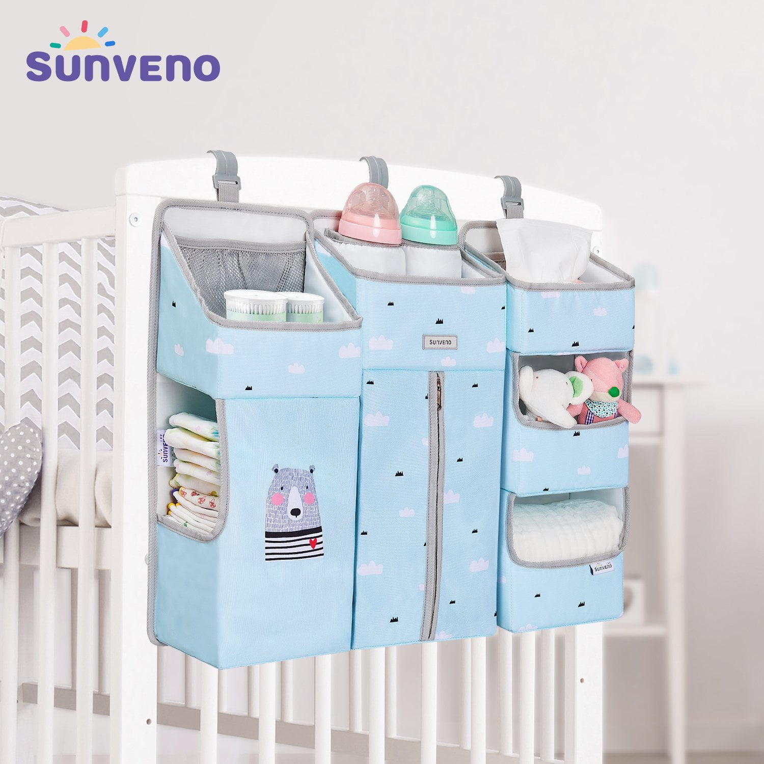 Sunveno 3-in-1 Crib Nursing Organizer Set for Baby Essentials Storage ...