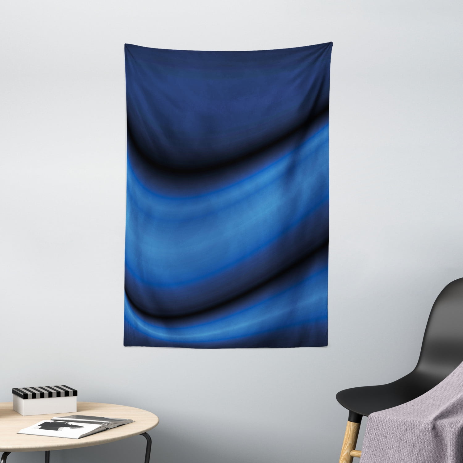 Dark Blue Tapestry, Abstract Wavy Curvy Bold Color Bands Soft Blurred ...