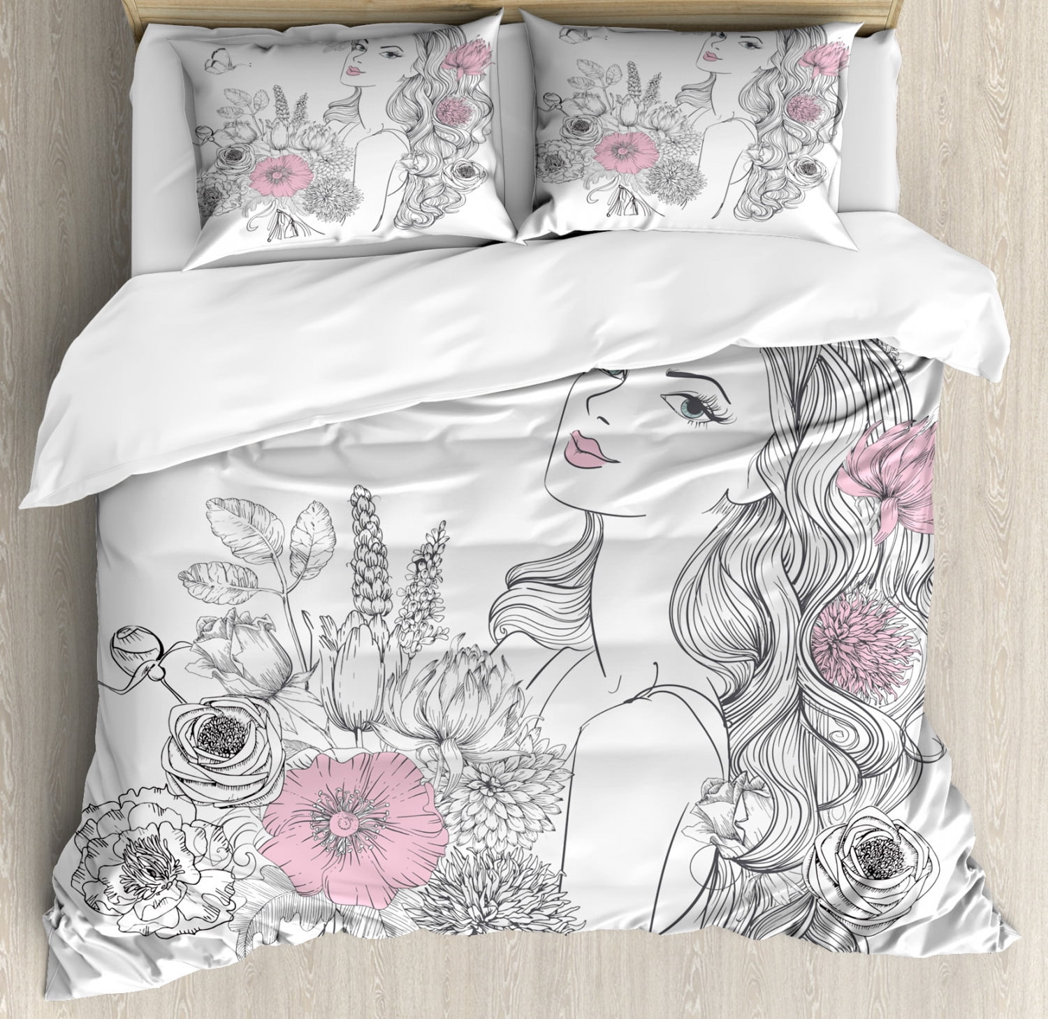 Face Duvet Cover Set, Nature Theme Flowers Butterfly and Girl Sketch ...