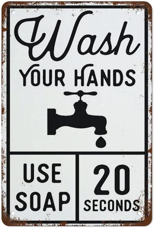 Letrero de hojalata vintage con texto en inglés "Lávate las manos, usa ...