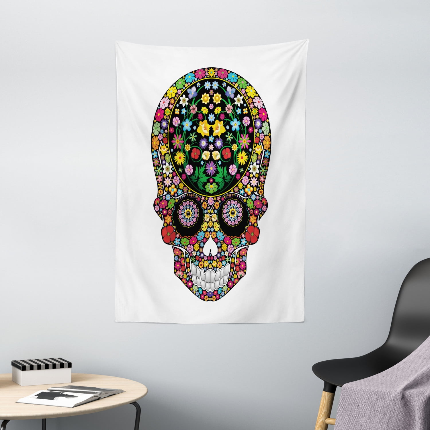 Sugar Skull Decor Tapestry, Spring Garden Wild Blossoms Vegetation ...