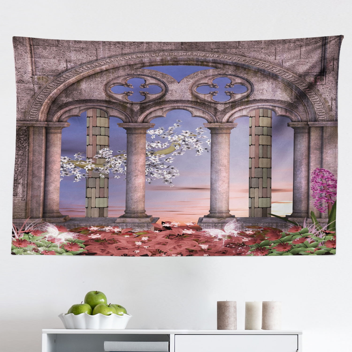Gothic Tapestry, Greek Style Scene Climber Pillow Fruits Vine and Red ...