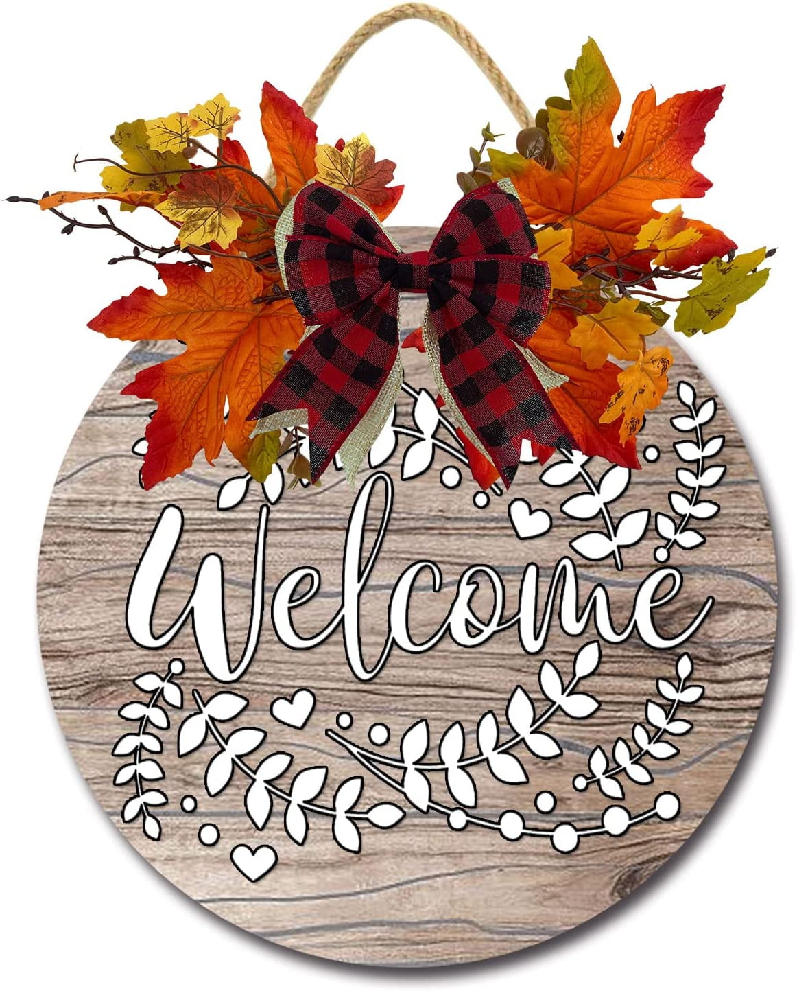 Eveokoki 11" Welcom, Rustic Door Wreaths Sign with Fall Leaves, Round ...