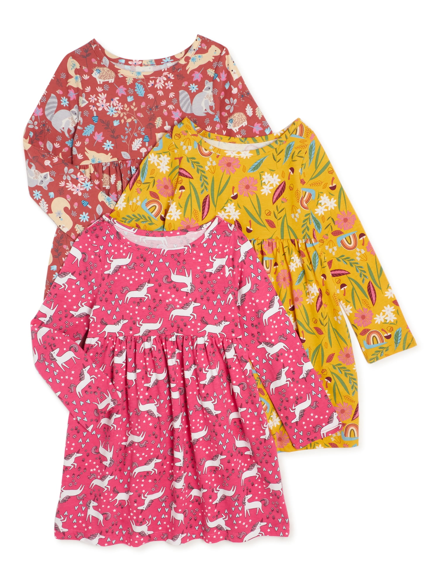 Wonder Nation Long Sleeve Crew Neck Fit & Flare Dress (Infant), 3 Count ...