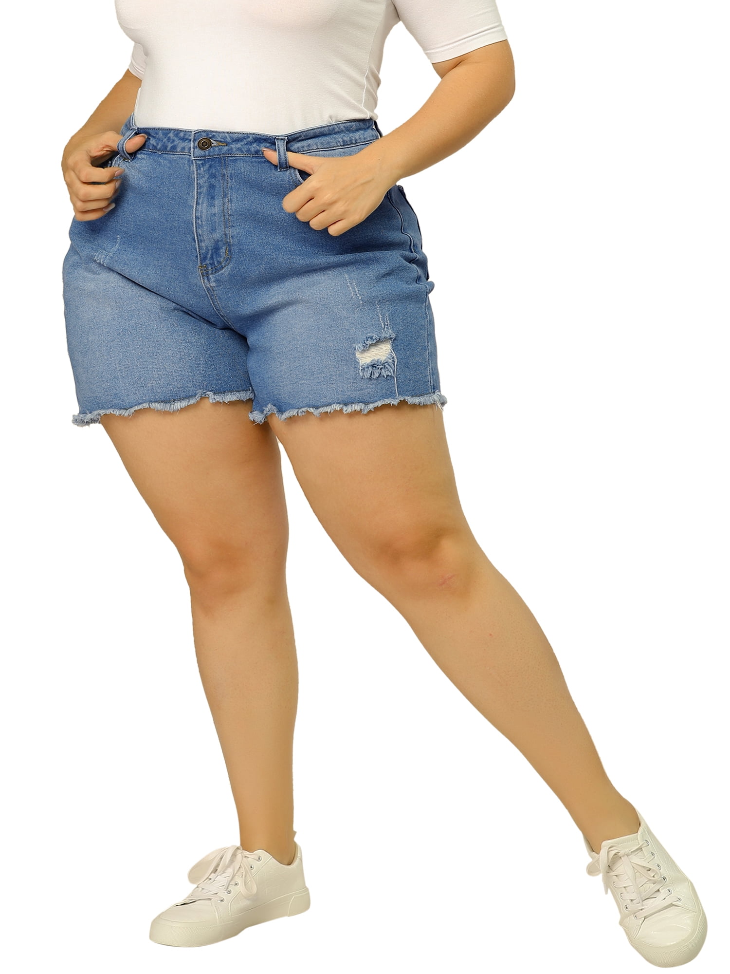 Unique Bargains Women s Plus Size Summer Denim Shorts Raw Hem Casual