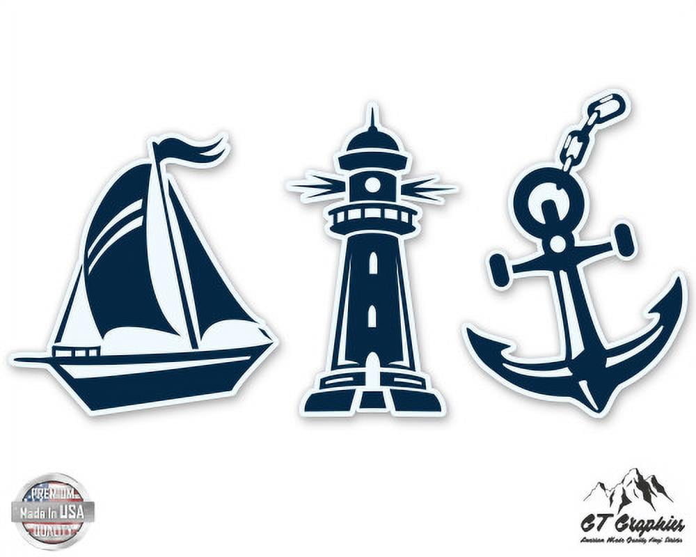 Nautical Set Sailboat Anchor Lighthouse - 12" Vinyl Sticker Waterproof ...