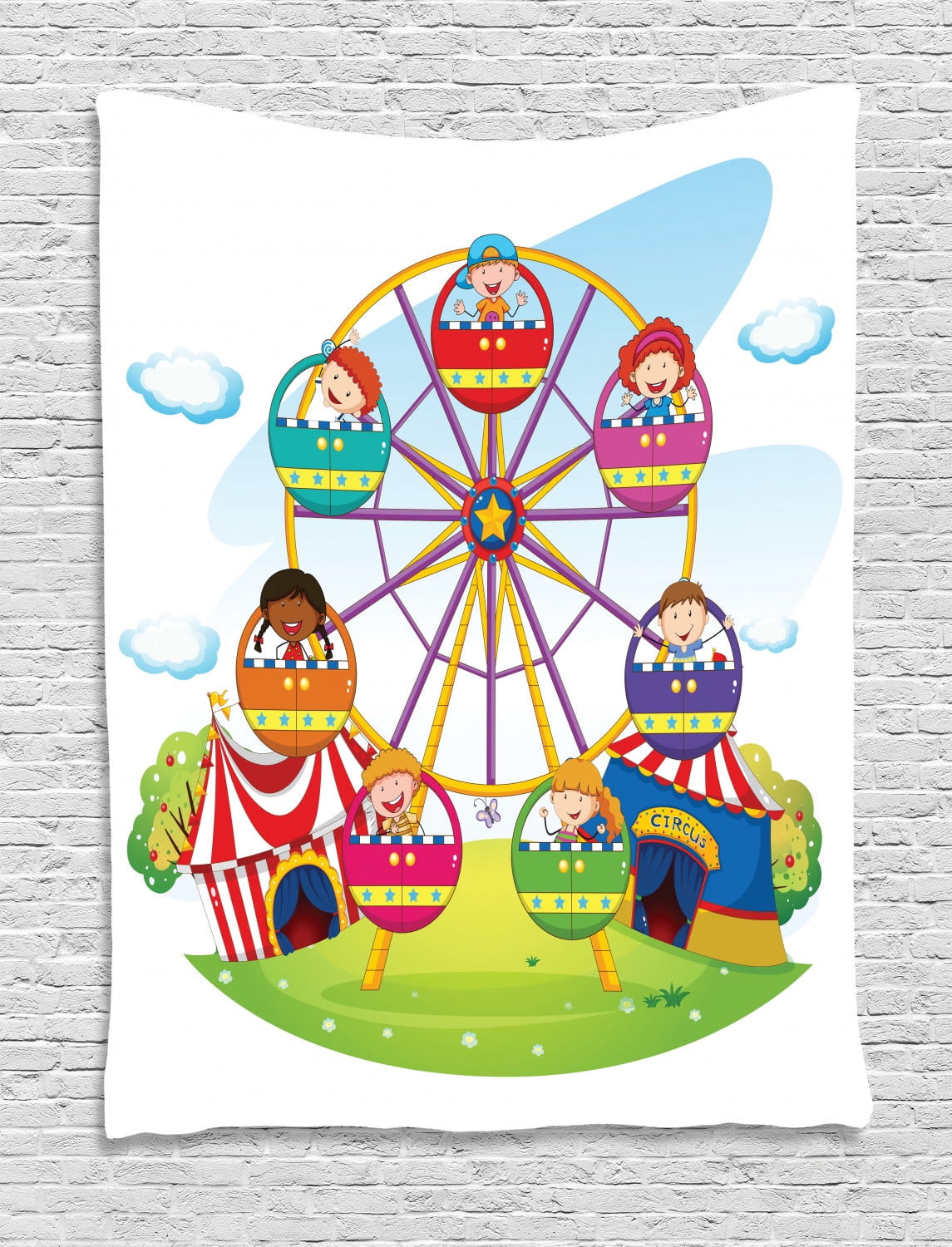 Ferris Wheel Tapestry, Cartoon Illustration of Children Having Fun at ...