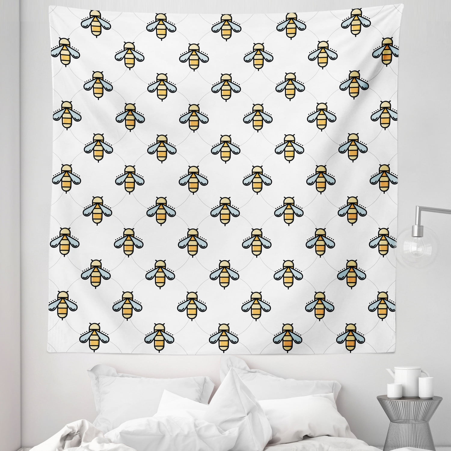 Bee Tapestry, Graphic Sketch of BumbleBees with Wings Pattern Dotted ...