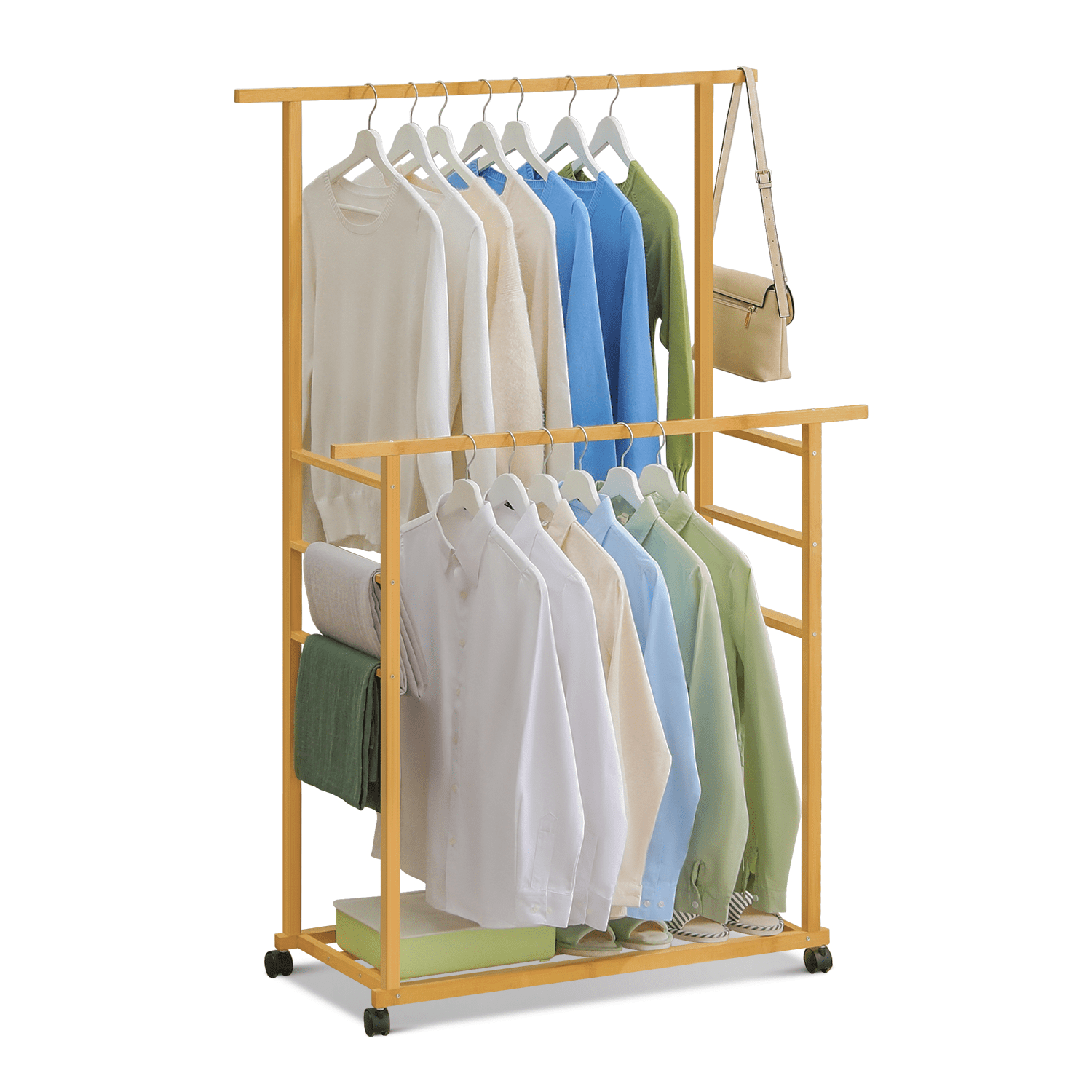 MoNiBloom Bamboo Sliding Coat Rack, Wheeled Caster Garment Clothes ...