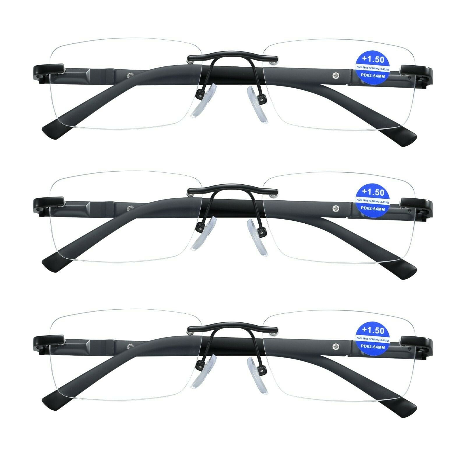 3 Pairs Mens Rectangular Rimless Blue Light Blocking Reading Glasses ...