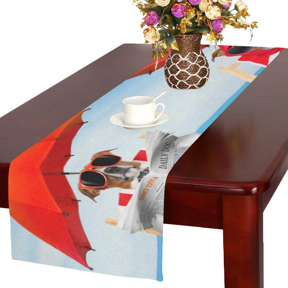 MYPOP Dog Reading Newspaper on a Beach Chair Cotton Linen Table Runner ...