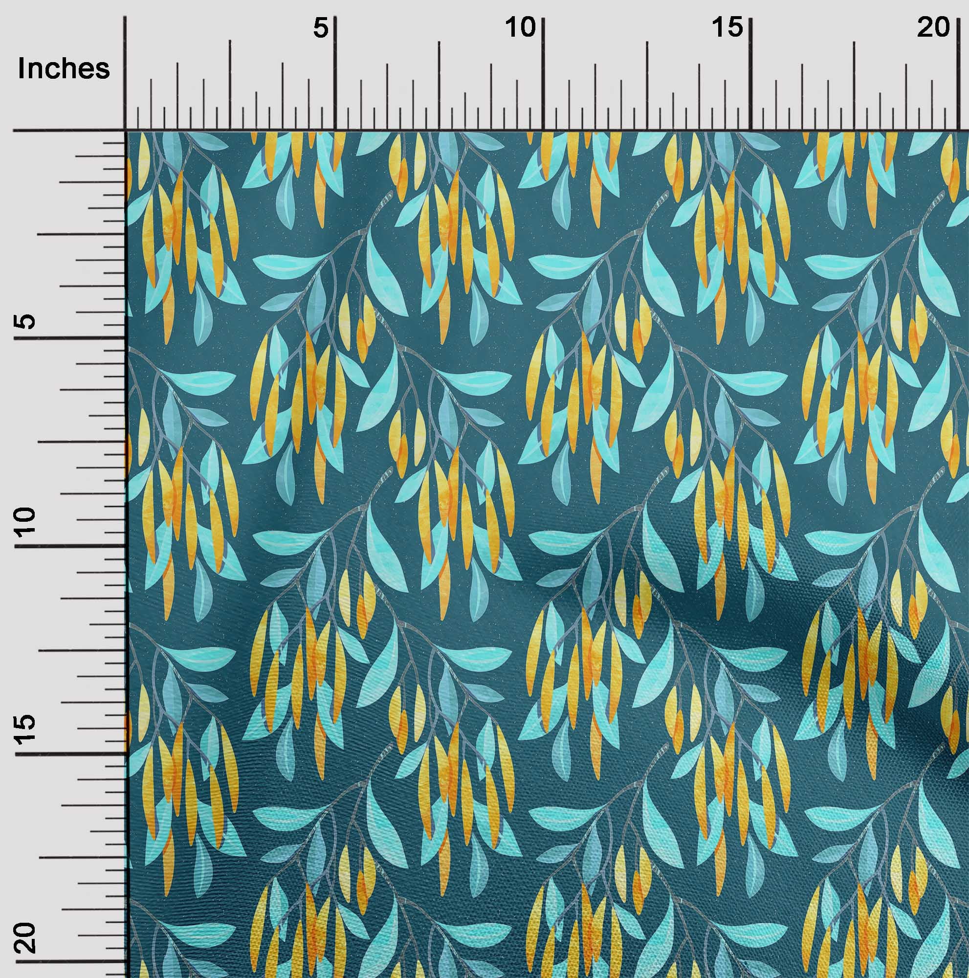 oneOone Cotton Poplin Teal Blue Fabric Leaves Sewing Material Print ...