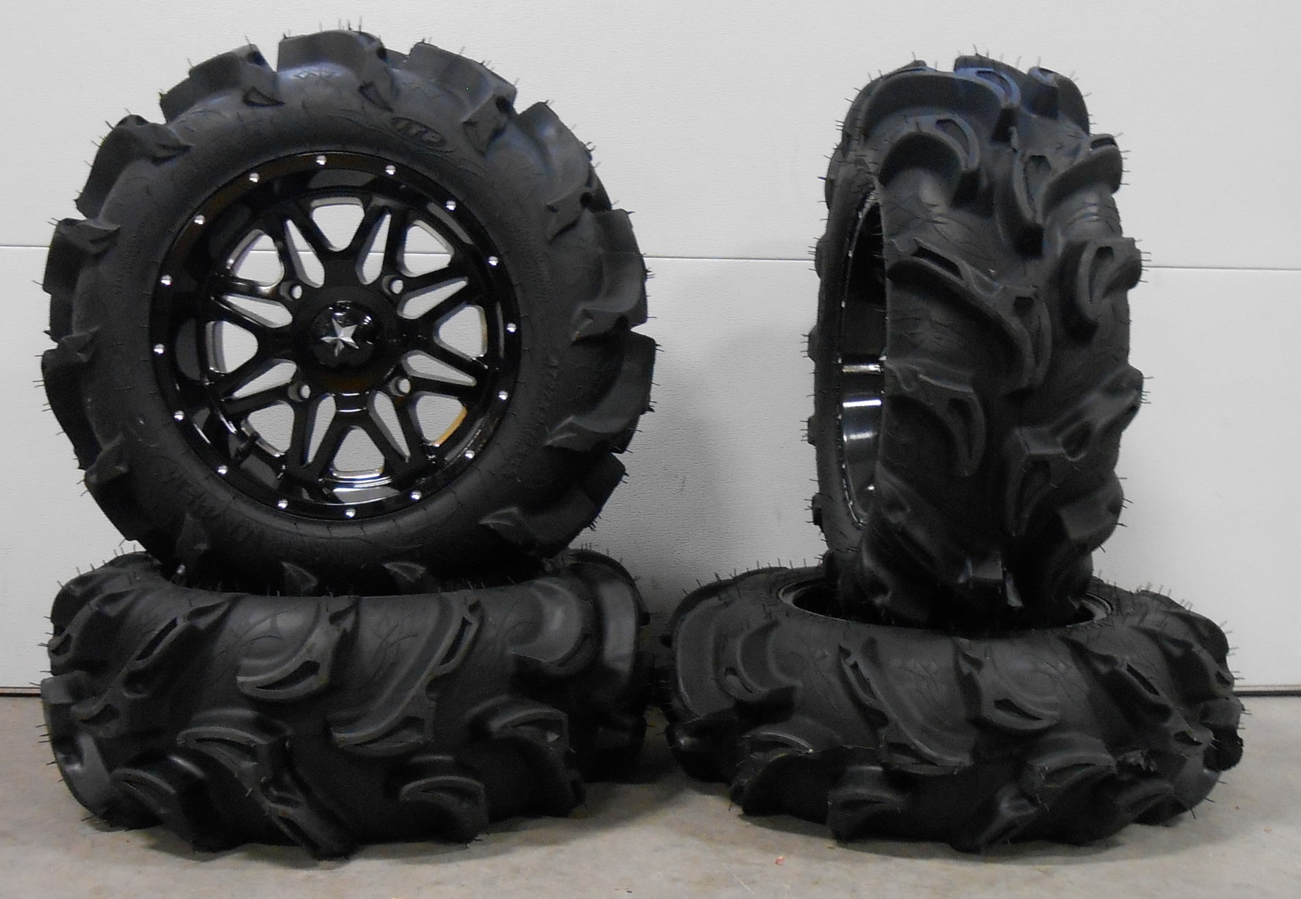 MSA Black Vibe 14" ATV Wheels 27" Mega Mayhem Tires Honda Rincon Yamaha ...