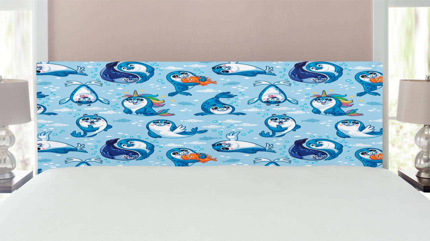 Sea Animals Headboard, Seal Pup Aquatic Wildlife Friendly Hugging Water ...