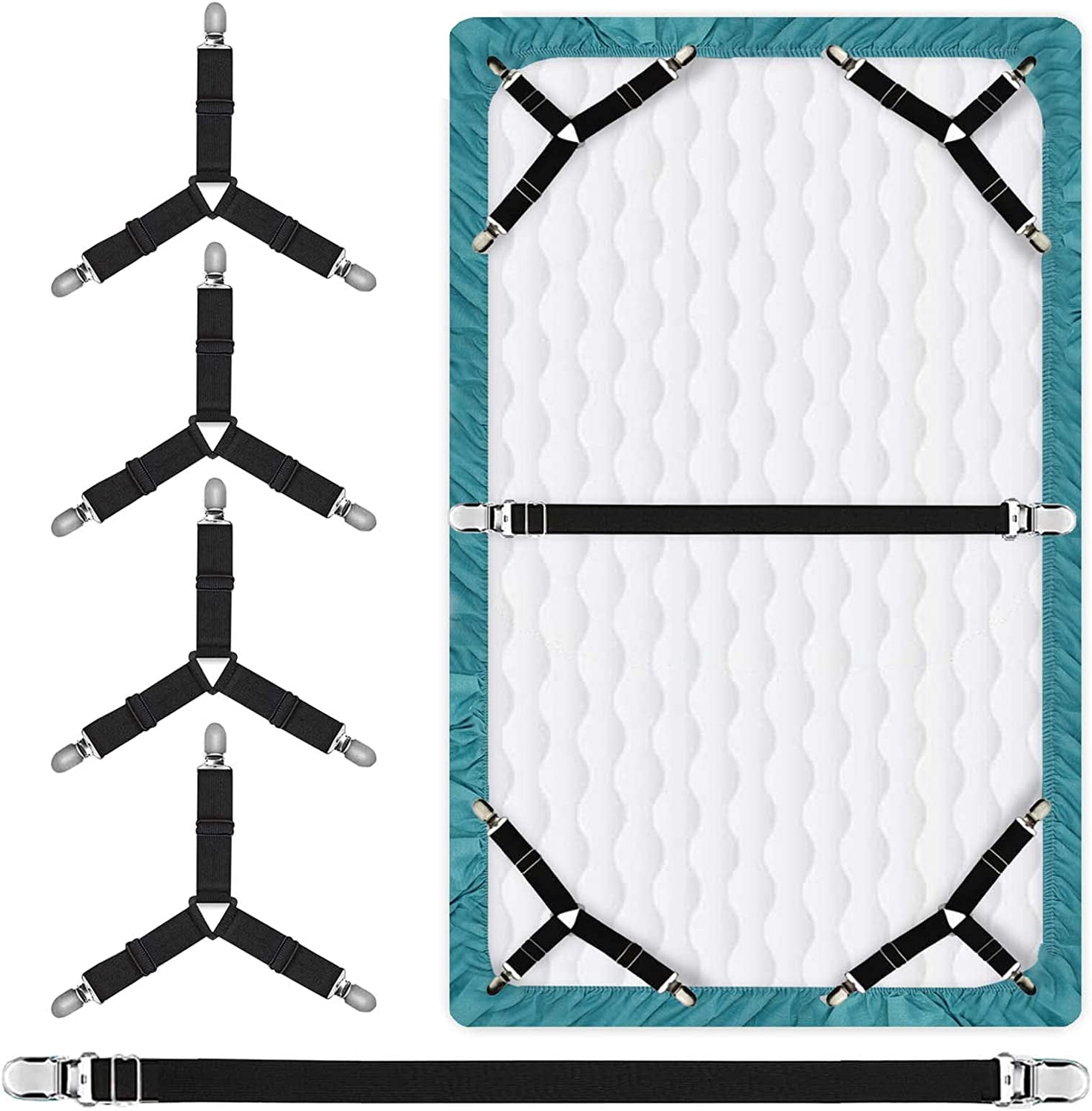 Bed Sheet Straps Set 4+1 Pcs. Sheet Holders for Corners, Bedsheet Clips ...