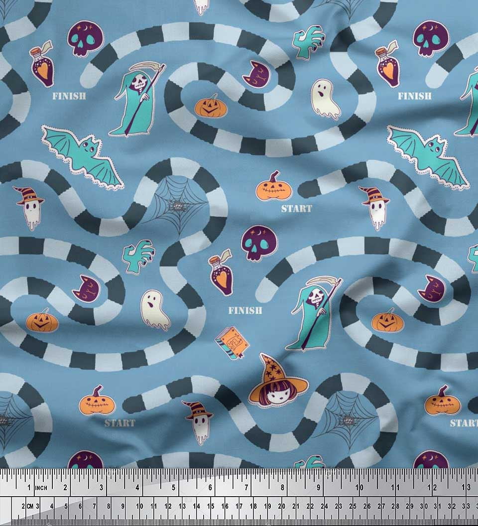 Soimoi Satin Silk Fabric Spider Web,Bat & Ghost Halloween Print Fabric ...