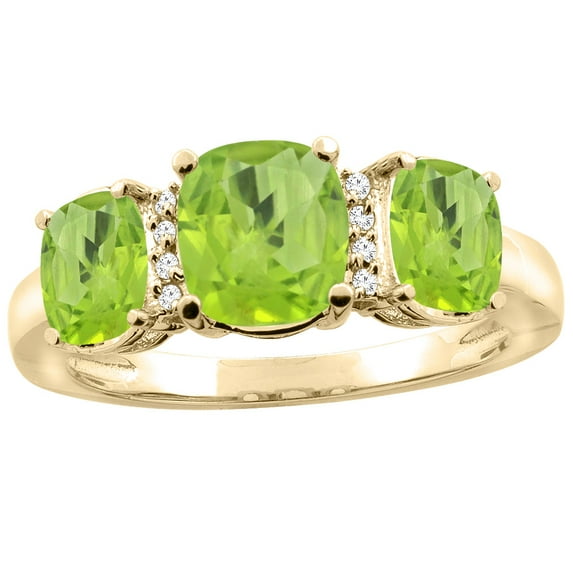 10K Yellow Gold Natural Peridot 3-stone Ring Cushion 8x6mm Diamond ...
