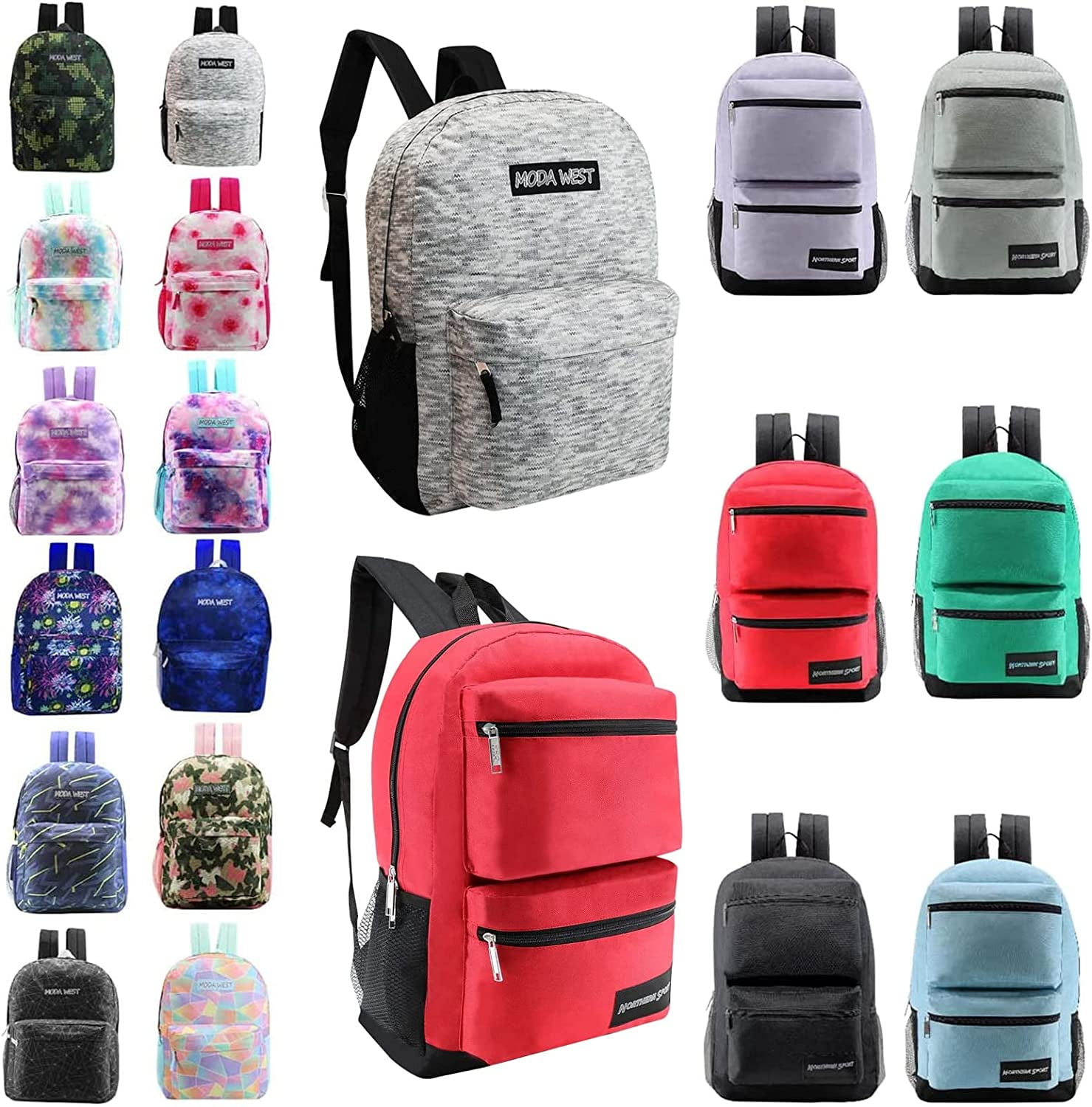 24 Pack - 17" Wholesale Classic Bulk Backpacks - Mega Assortment 18 Different Color/Patterns ...