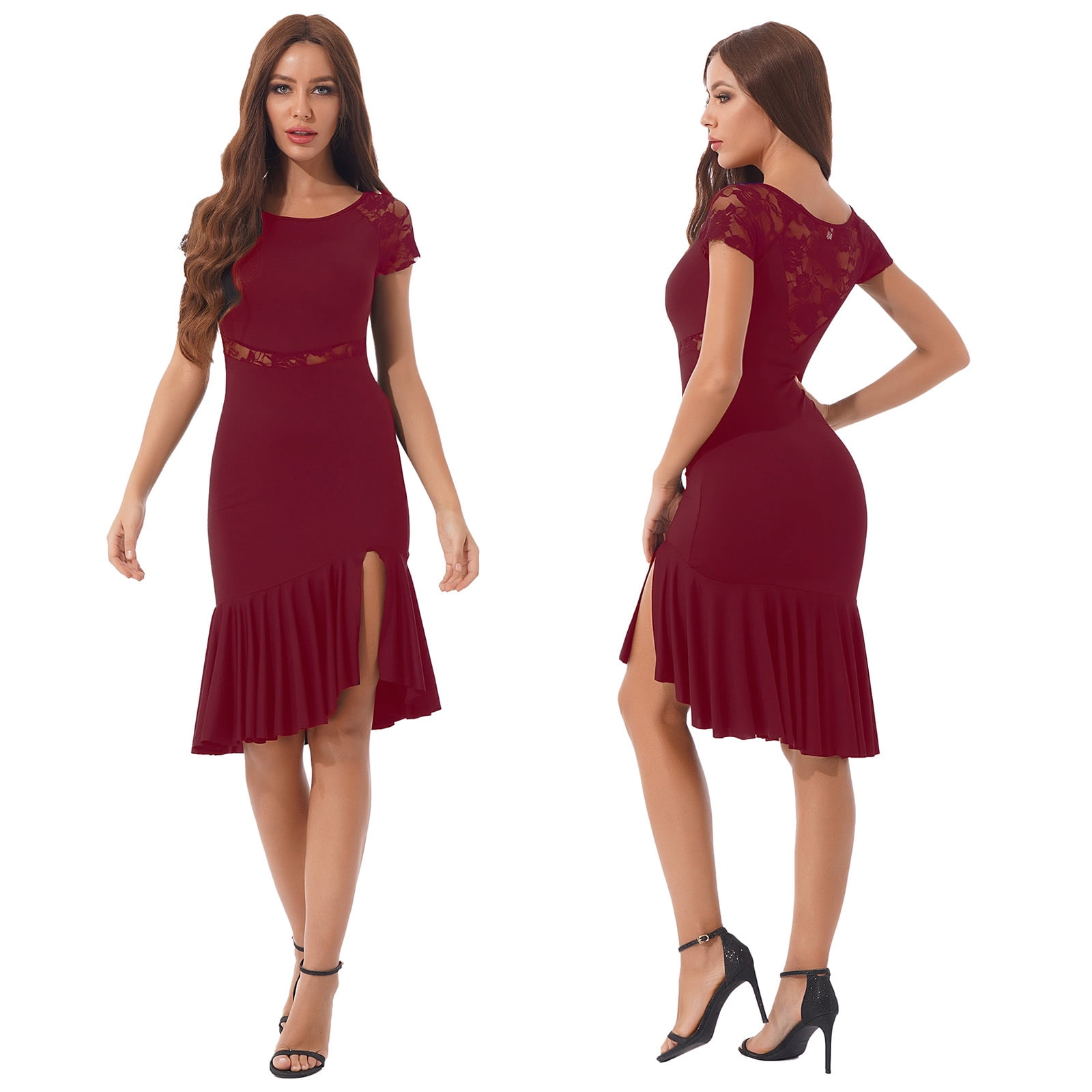 MSemis Women's Latin Ballroom Dance Floral Lace Ruffle Hem Swing Dress ...