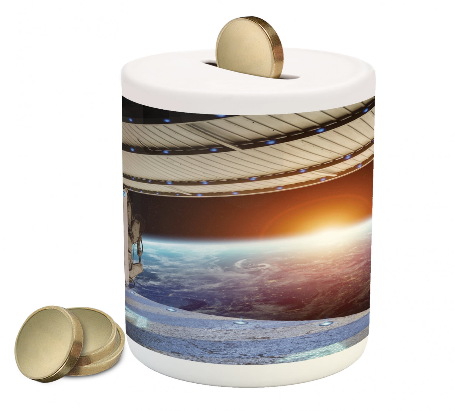 Outer Space Piggy Bank, Earth Scene from a Space Plane Runway Gate ...