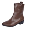 Bkhluea Women Metal Rivet Pull Tab Low Block Heel Mid Calf Leather ...