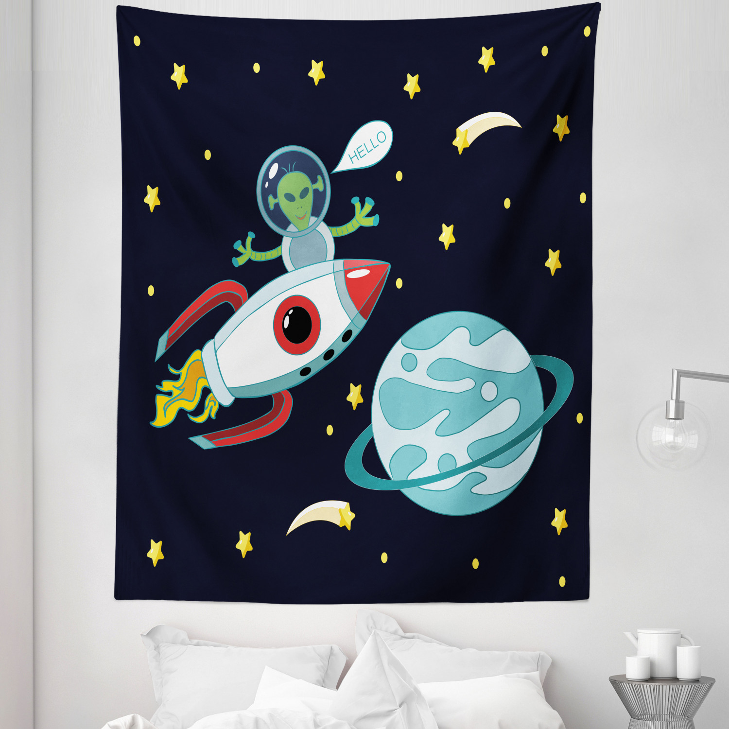 Alien Tapestry, Extraterrestrial Being with Hello Speech Balloon ...