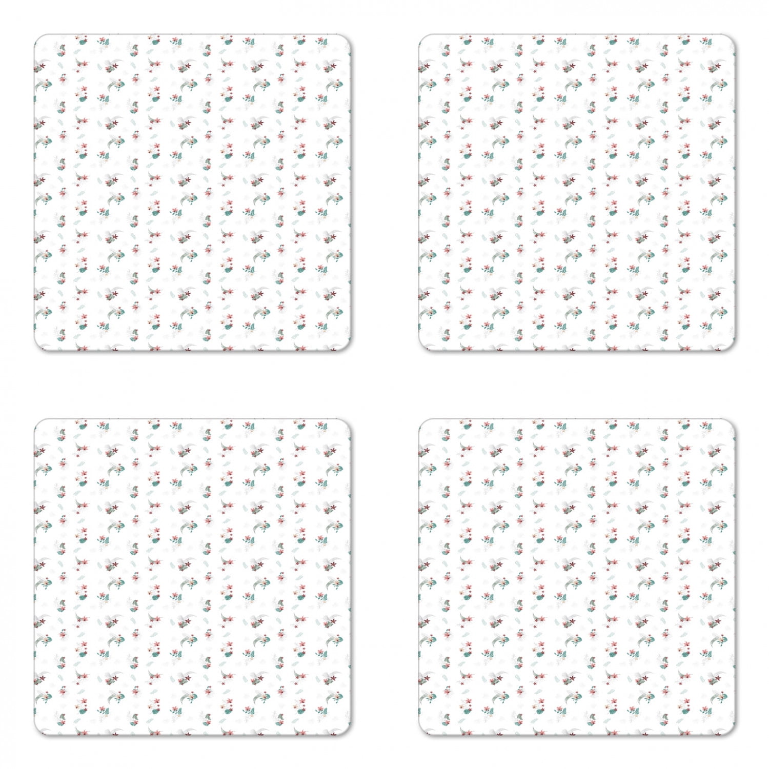 Exotic Coaster Set of 4, Rhythmic Delicate Pastel Hibiscus and Tropical Botany Frond Leaves ...