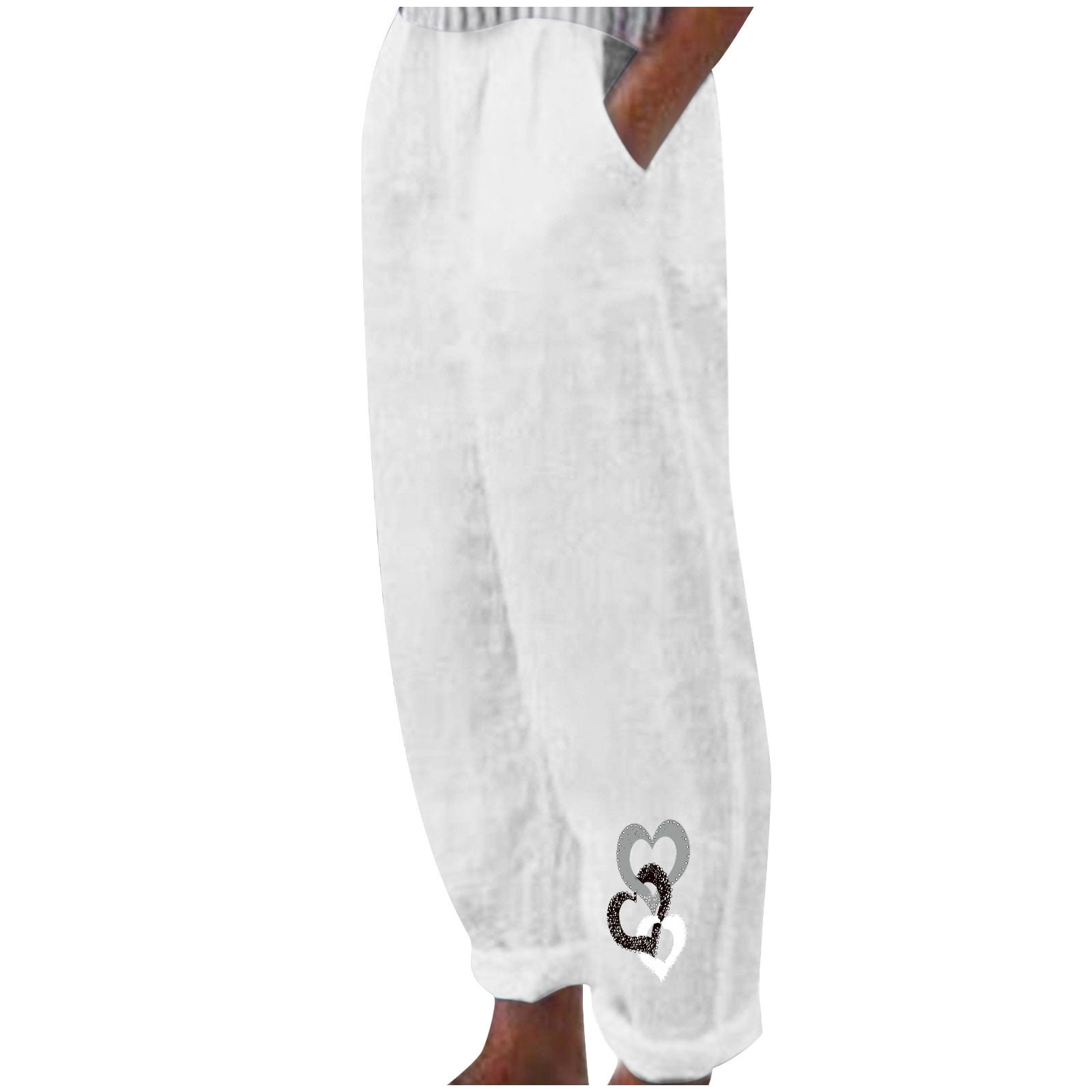 Womens Cotton Linen Cropped Pants Elastic Waist Floral Printed Capris Trousers Summer Lounge