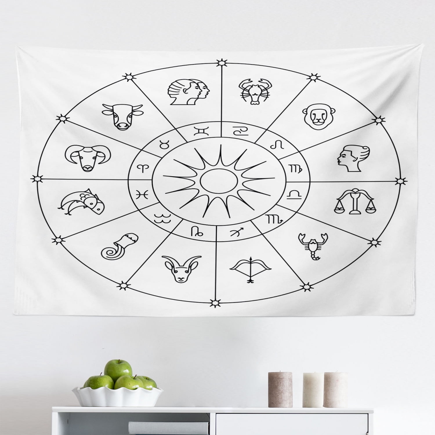 Astrology Tapestry, Signs Surrounds a Moon Sun in Space with Stardust ...