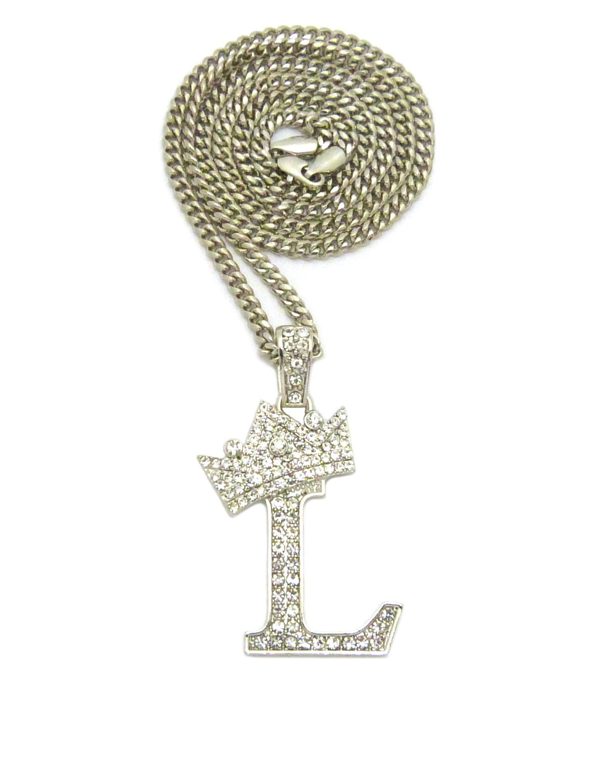 Stone Stud Allover Tilted Crown Initial L Pendant w/ 3mm 24" Cuban ...