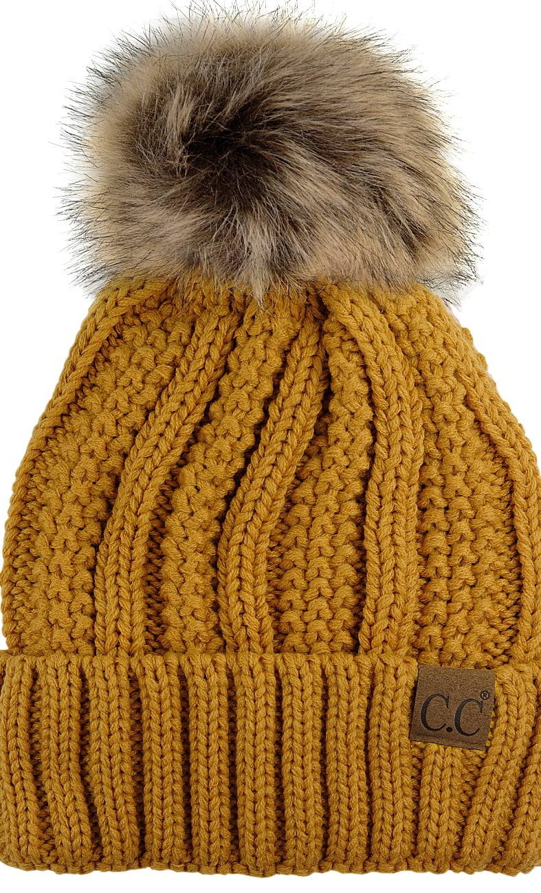 C.C Thick Cable Knit Faux Fuzzy Fur Pom Fleece Lined Skull Cap Cuff ...