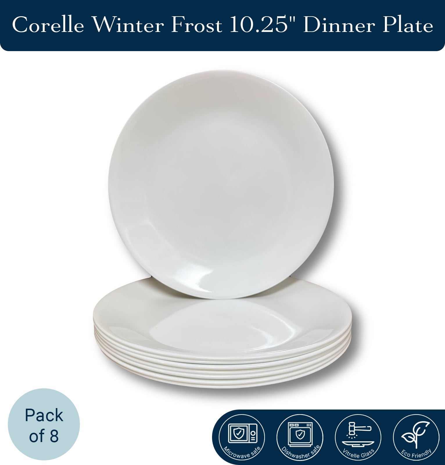 Corelle Winter Frost White 10.25" Dinner Plate, Vitrelle Glass (Pack of ...