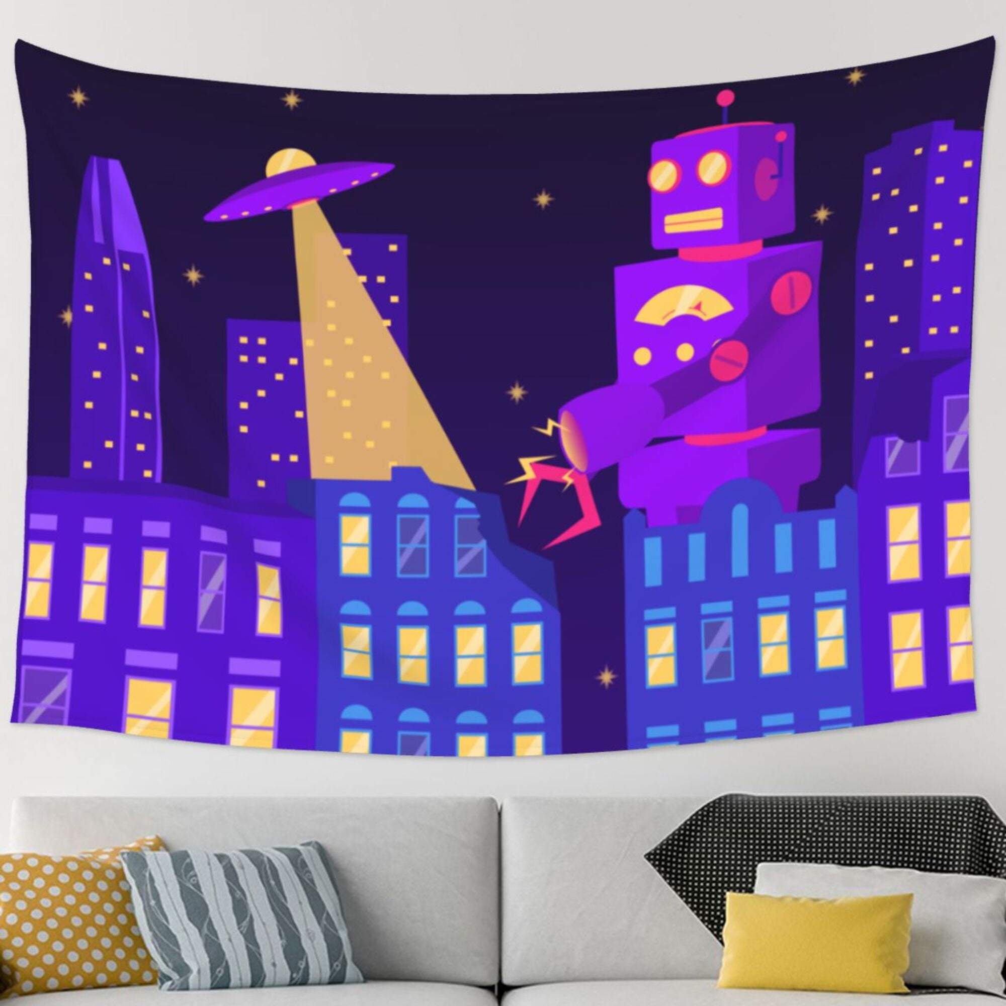Vaporwave Robot Alien Spaceship Pattern Large Tapestry, Aesthetic ...